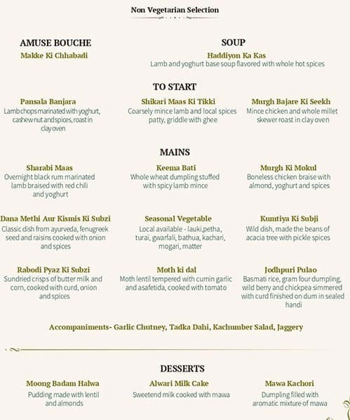 Menu at Mohan Mahal, Jaipur