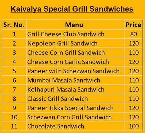Menu of Kaivalya Cafe, Sinhgad Road, Pune