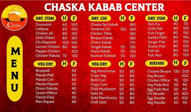 Menu of Chaska Kebab Center, Lingampally, Hyderabad