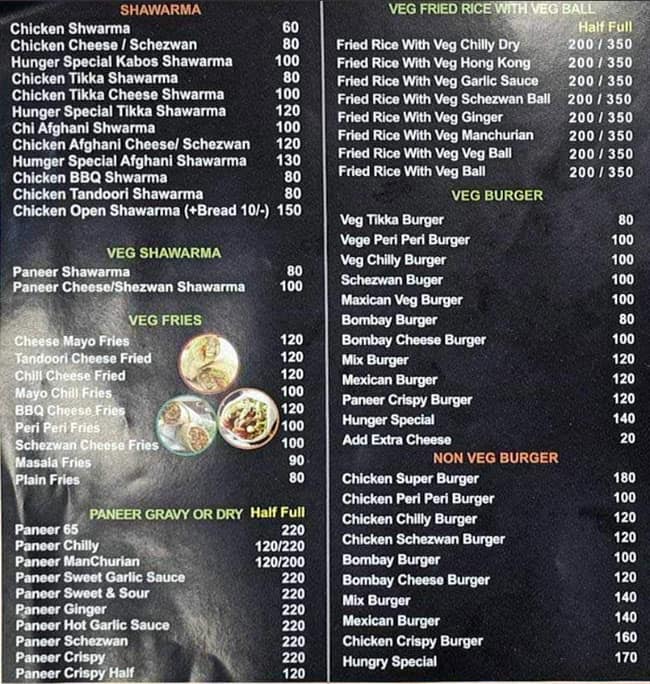 Menu of New Hunger Point, Wadala, Mumbai