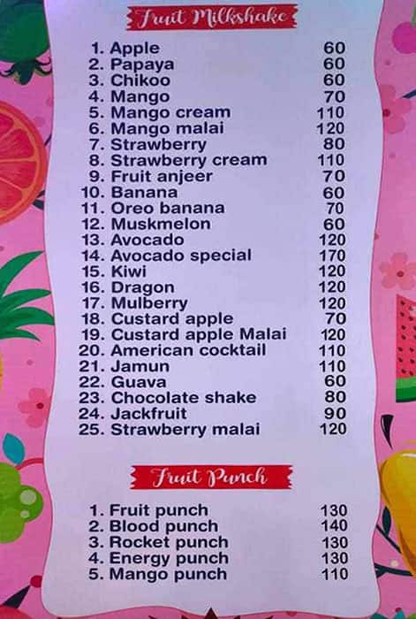Menu of Rafi International Fruit Juice Centre, Tolichowki, Hyderabad