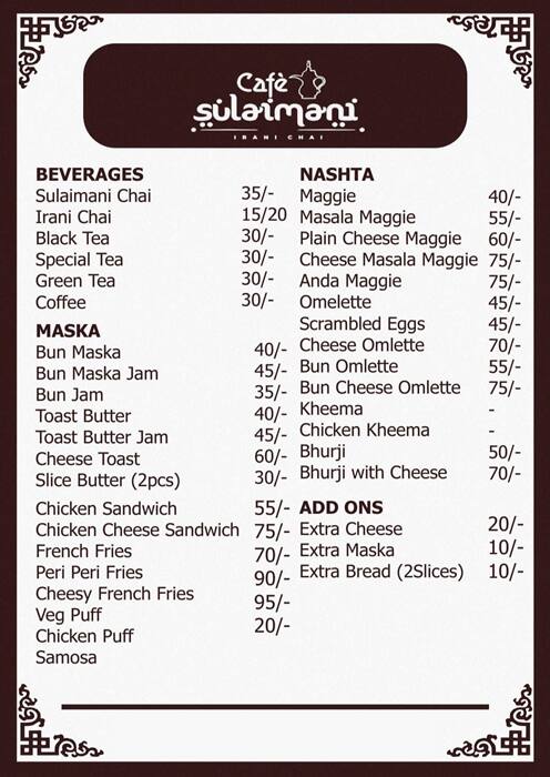 Menu of Cafe Sulaimani, Kondhwa, Pune