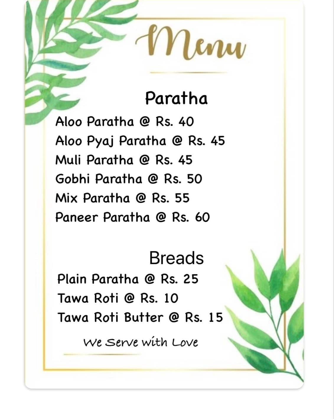 Menu at Chai Paratha Junction, Neemrana