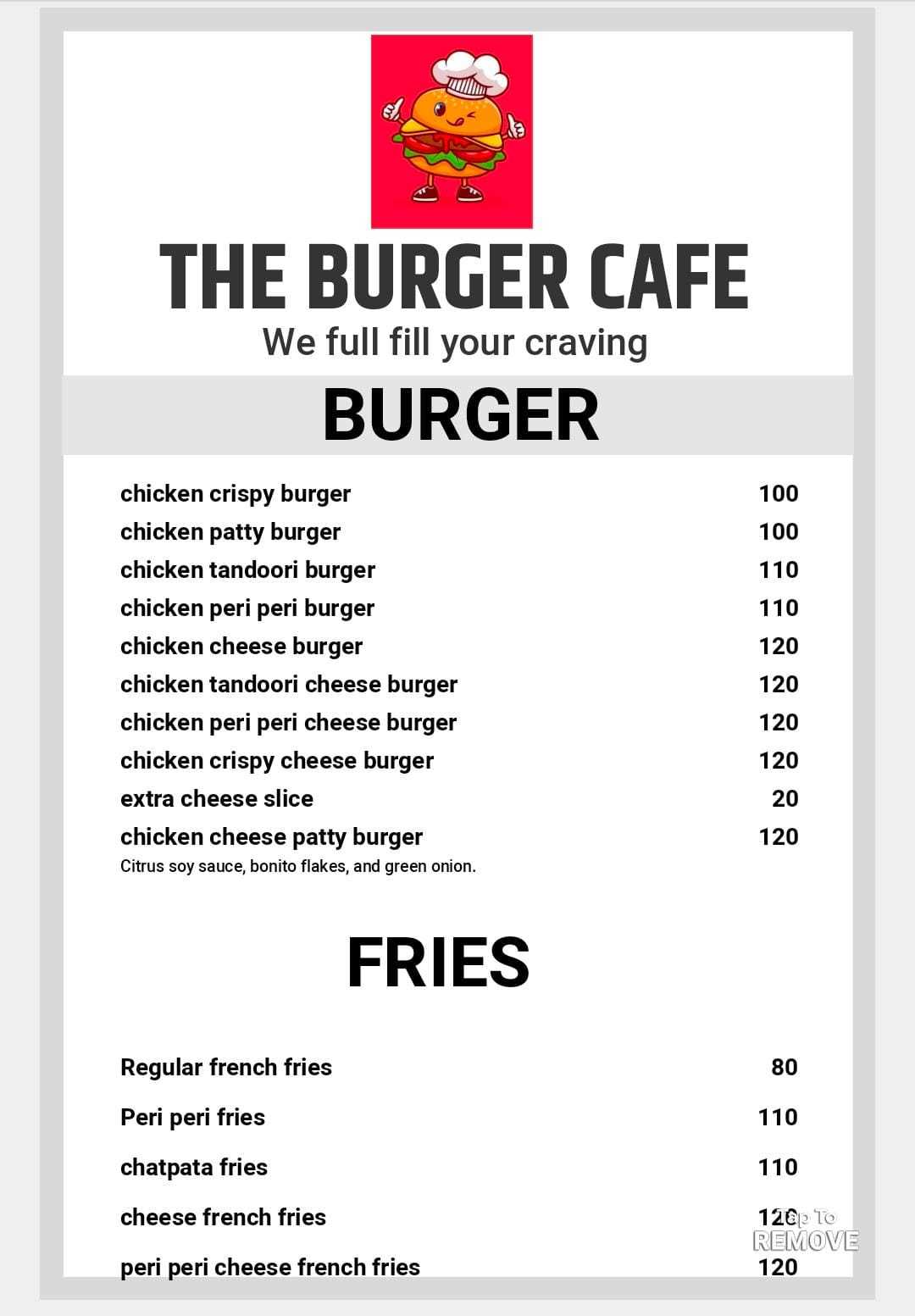 Menu of The Burger Cafe, Mira Road, Mumbai