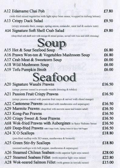 Menu at Goldfish restaurant, London, 16 Hampstead High Street