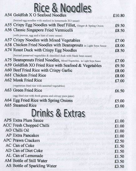 Menu at Goldfish restaurant, London, 16 Hampstead High Street