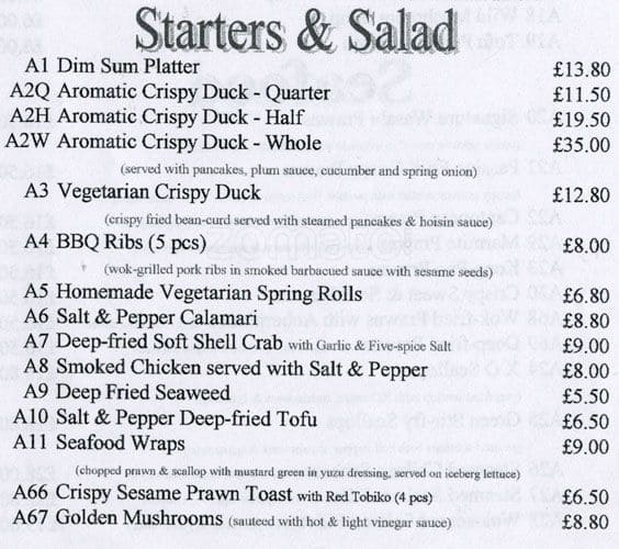 Menu at Goldfish restaurant, London, 16 Hampstead High Street