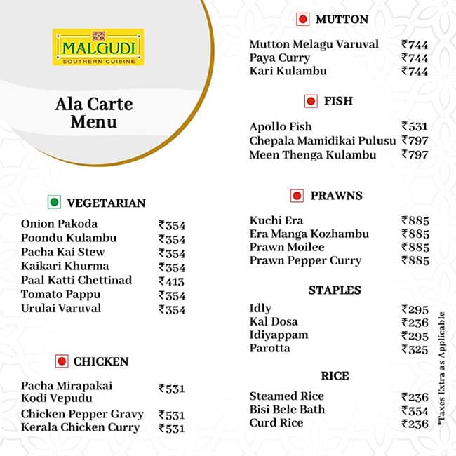 Menu at Malgudi - The Savera, Chennai, 146