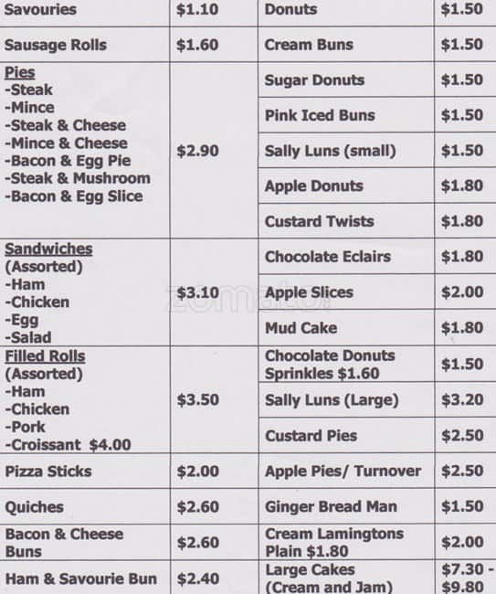 Menu at Clendon Bakery, New Zealand, Parking lot 469 Roscommon Rd