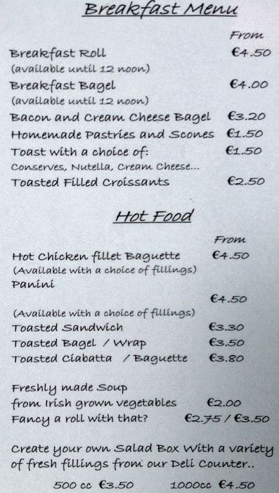 Menu at Bia Blasta cafe, Dublin, 19d Millbourne Avenue