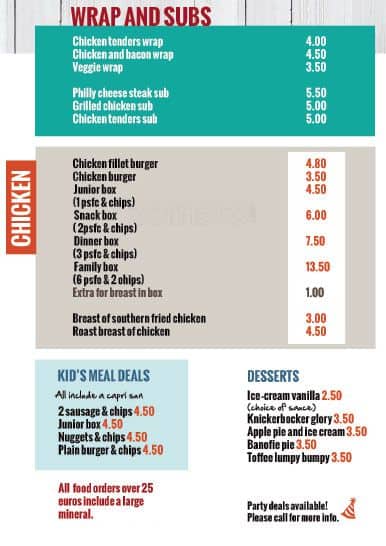 Menu at Embassy Grill fast food, Dublin