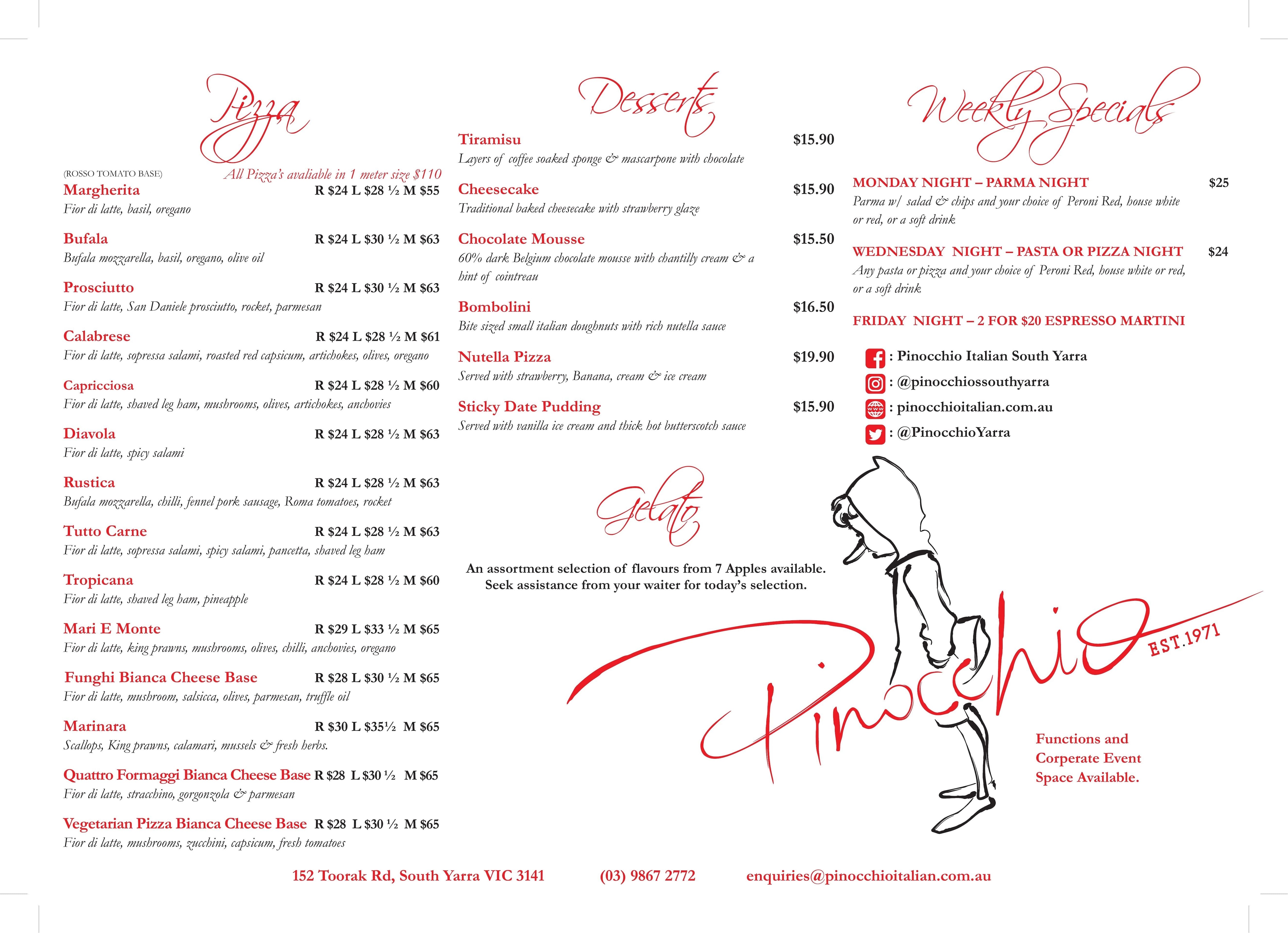 Menu at Pinocchio Pizza Restaurant, South Yarra, 150-152 Toorak Rd