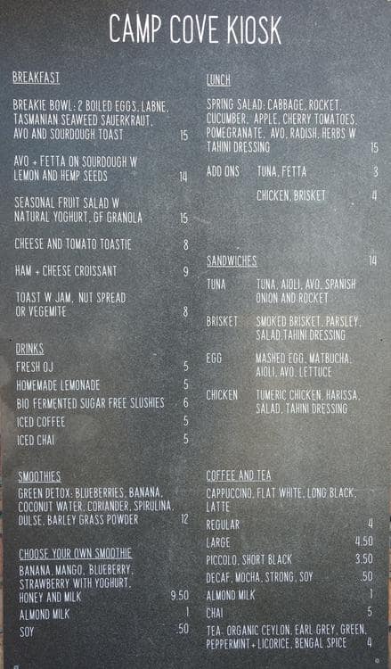 Menu at Camp Cove Kiosk Watsons Bay fast food, Watsons Bay