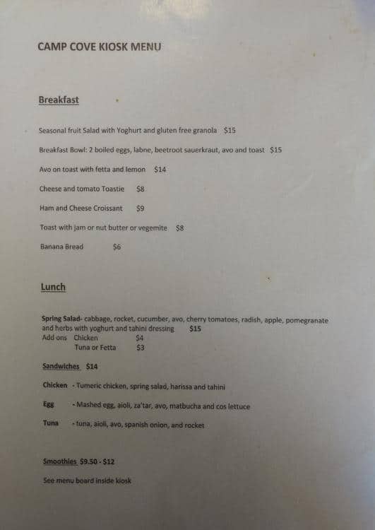 Menu at Camp Cove Kiosk Watsons Bay fast food, Watsons Bay