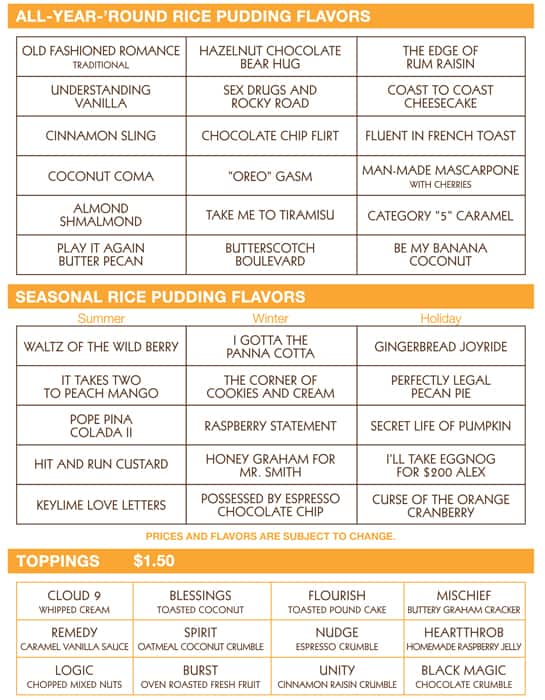 Menu at Rice to Riches desserts, New York City