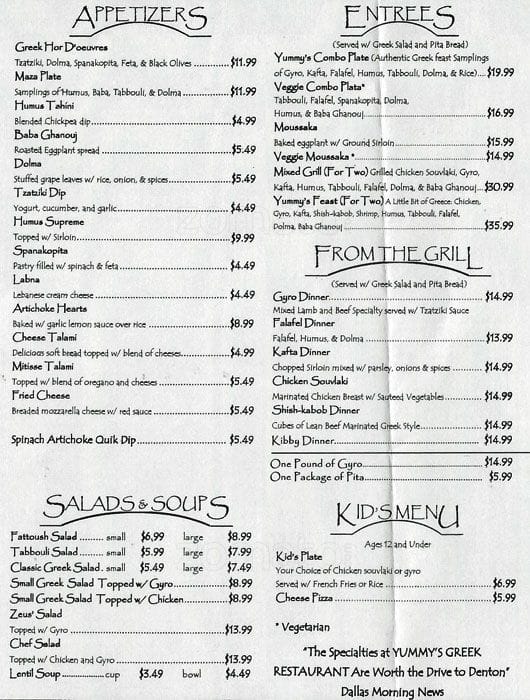 Menu at Yummy's Greek Restaurant, Denton