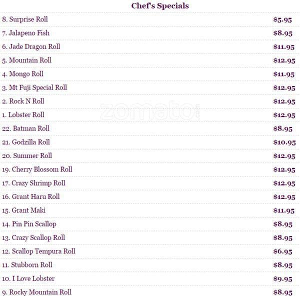 Menu at Mt Fuji Hibachi and Sushi Bar, Denver