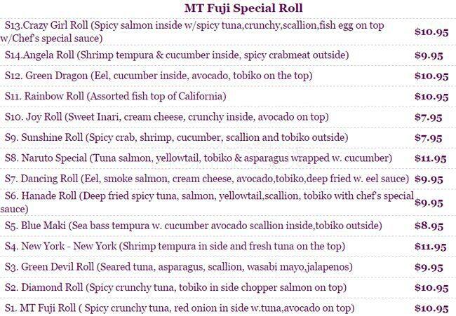 Menu at Mt Fuji Hibachi and Sushi Bar, Denver