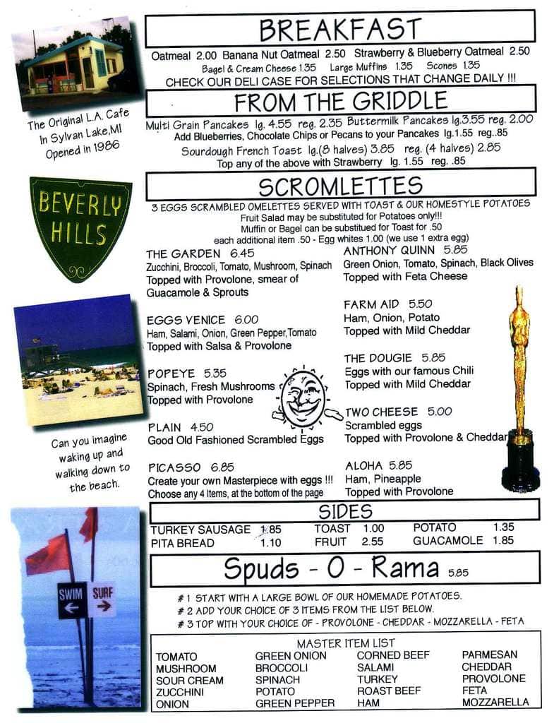 Menu at L. A. Cafe, Waterford Township