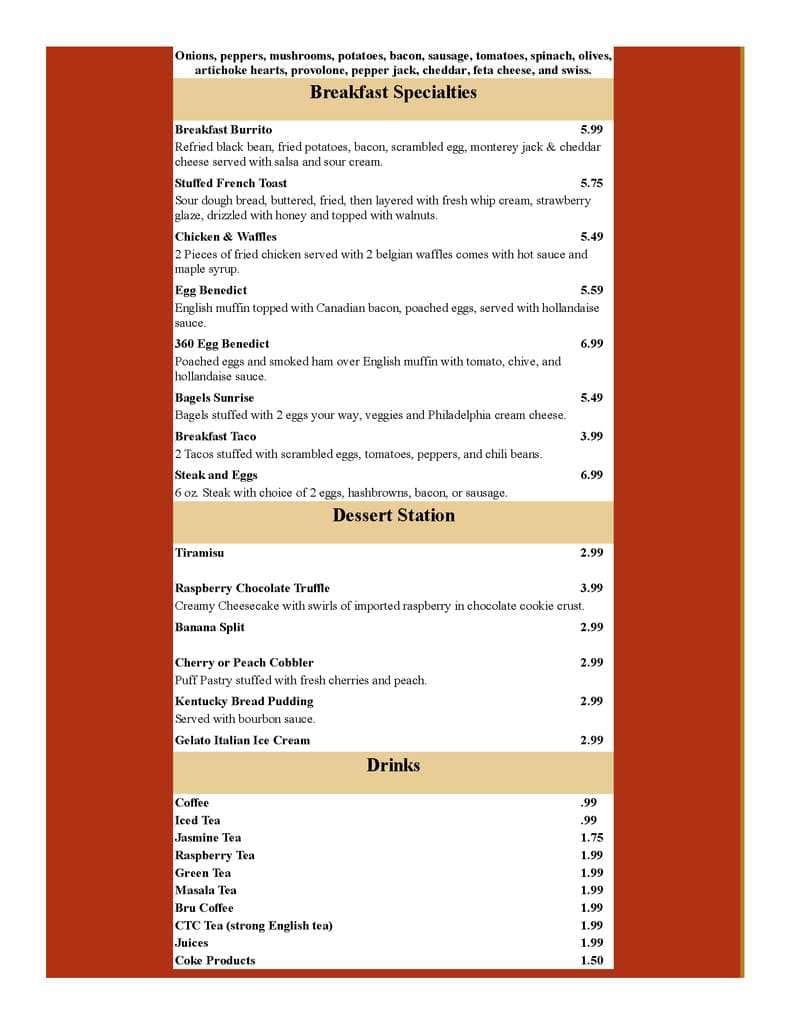 Menu at Cafe 360, Louisville