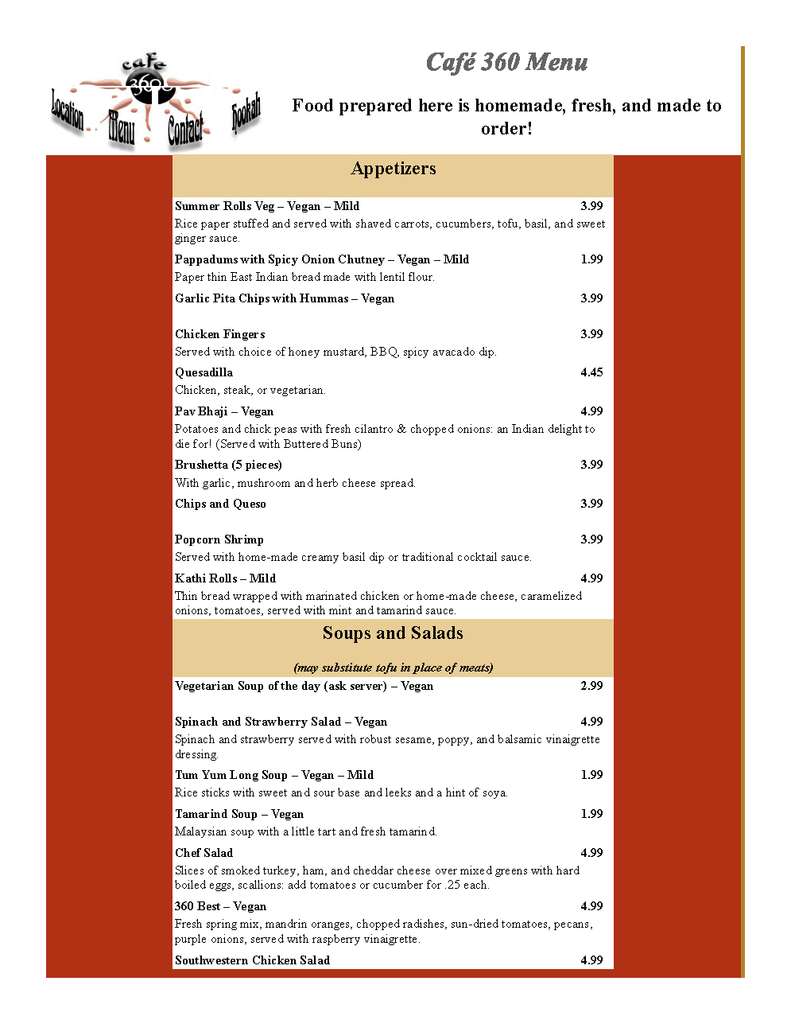 Menu at Cafe 360, Louisville