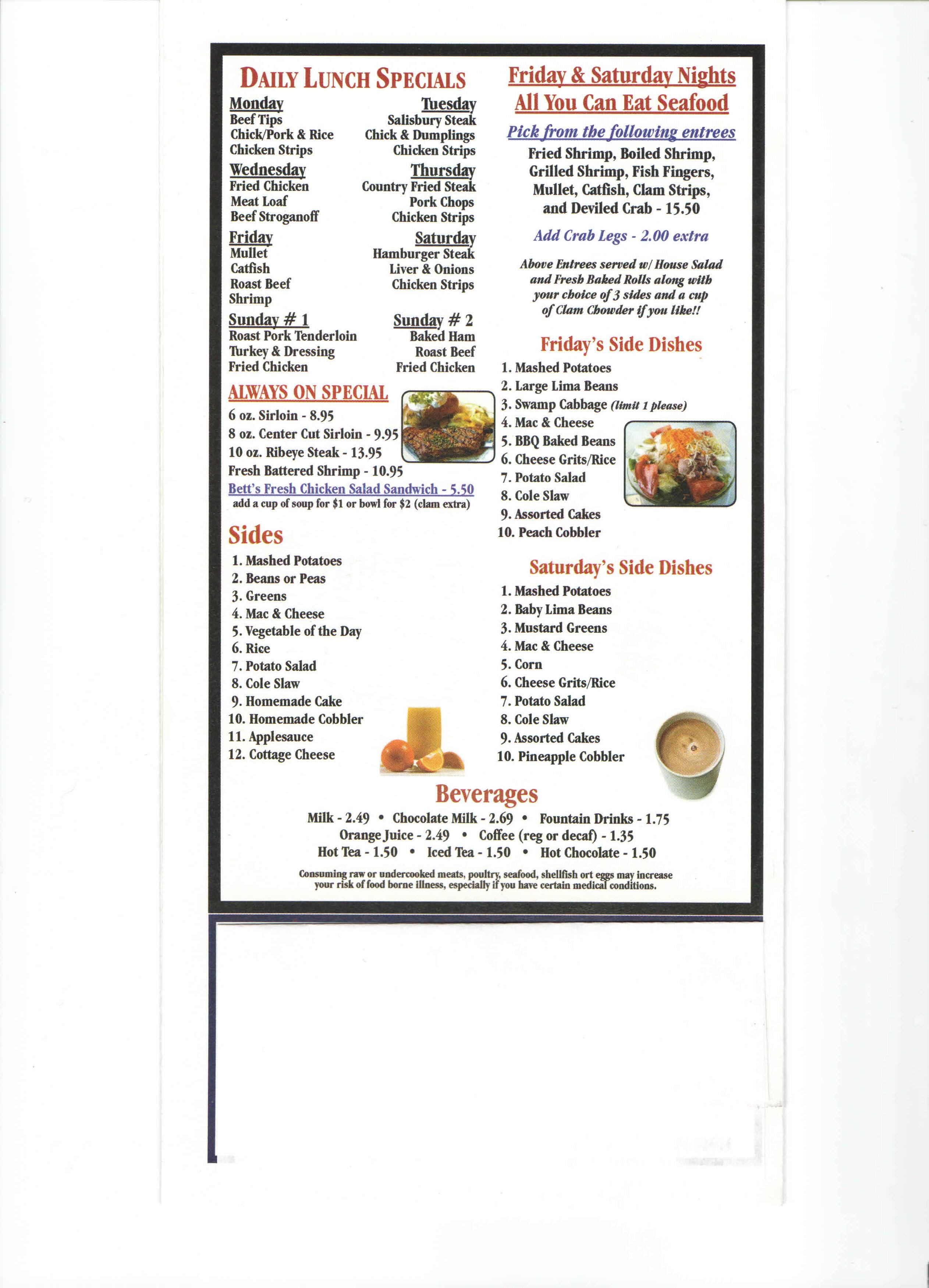 Menu at Bett's Big T restaurant, Chiefland