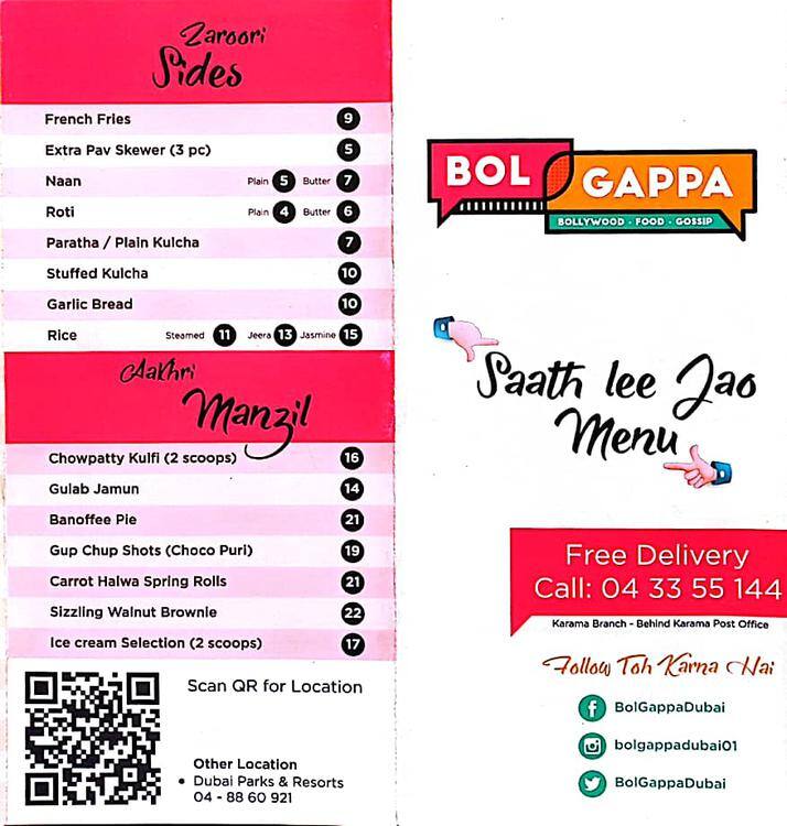 Menu of Bol Gappa, Al Karama, Dubai