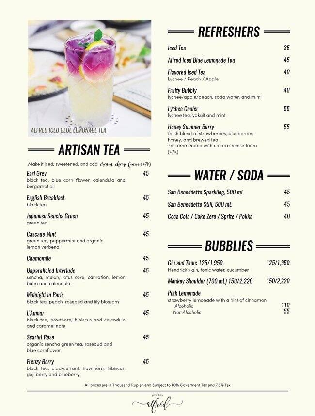 Menu at Alfred pub & bar, Jakarta