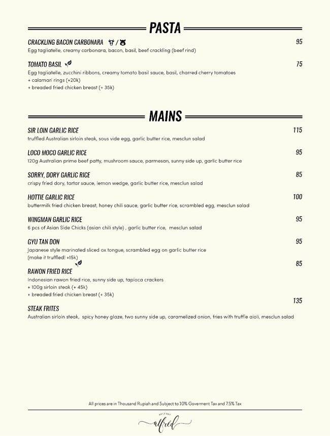 Menu at Alfred pub & bar, Jakarta
