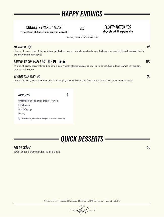 Menu at Alfred pub & bar, Jakarta