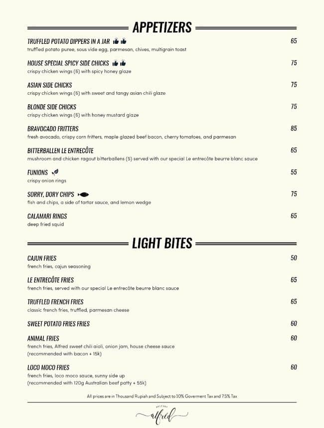 Menu at Alfred pub & bar, Jakarta