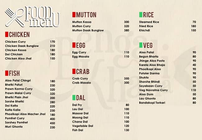 Menu of Bengali Khana, Chandrasekharpur, Bhubaneshwar