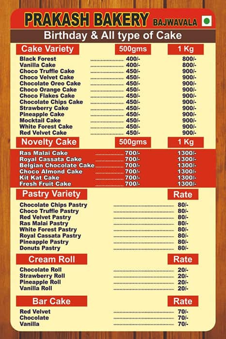 Menu of Prakash Bakery, Sama, Vadodara