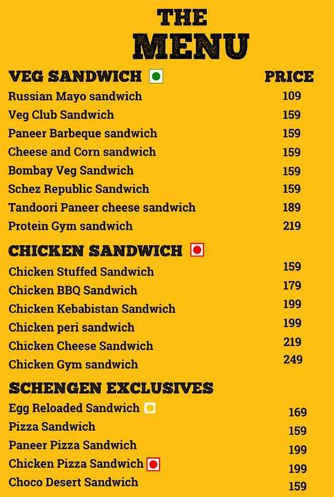 Menu of Schengen Sandwich, Jor Bagh, New Delhi