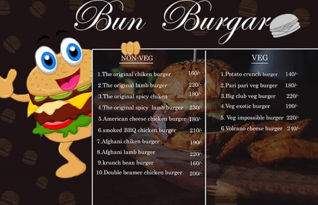 Menu of Bun Burgers, Brookefield, Bangalore