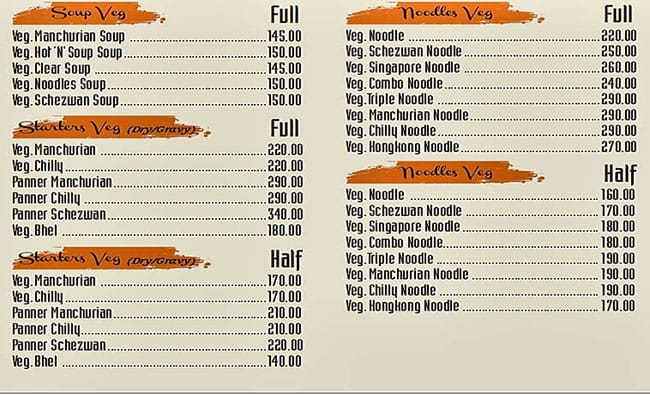 Menu of Jal's Chinese Food, Santacruz East, Mumbai