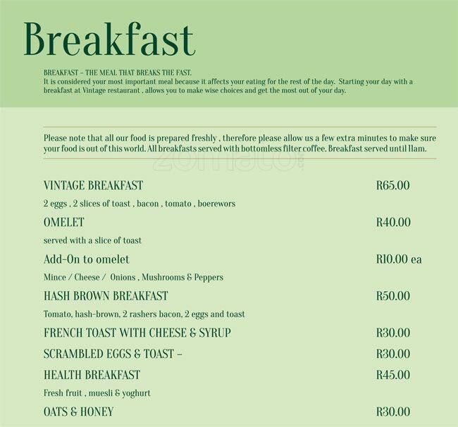 Menu at Vintage Restaurant, New Redruth, 65 Fore St