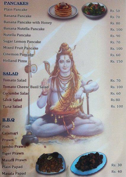 Menu at Shiva Plaza Cafe, Mahabalipuram