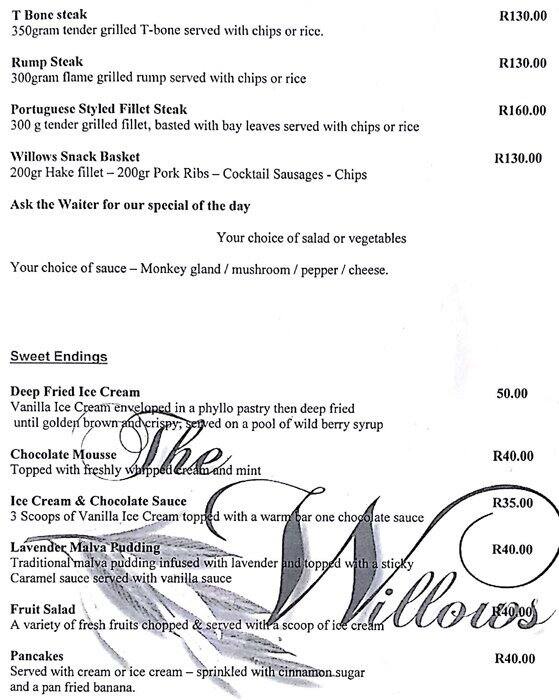 Menu at Willows Country lodge restaurant, Pretoria