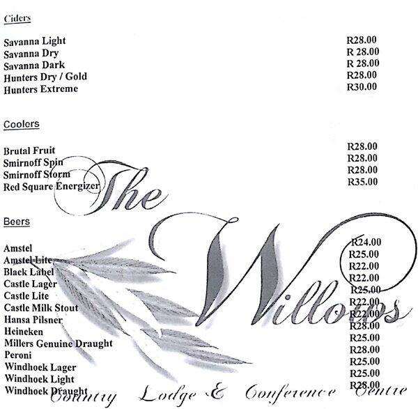 Menu at Willows Country lodge restaurant, Pretoria