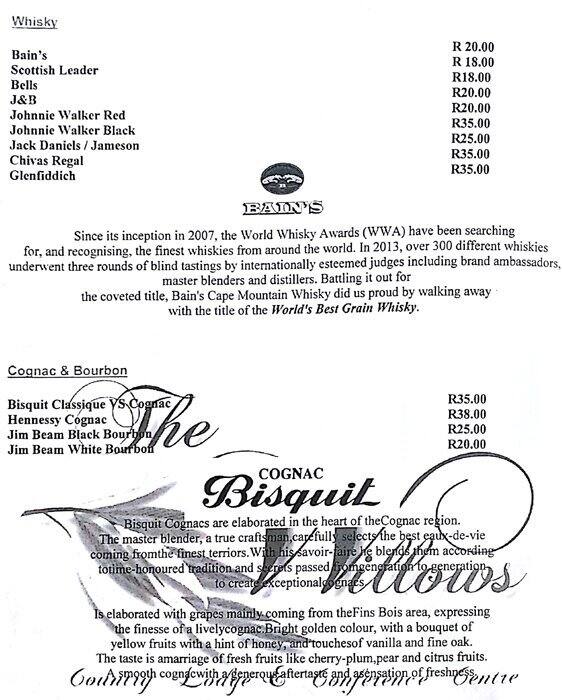 Menu at Willows Country lodge restaurant, Pretoria