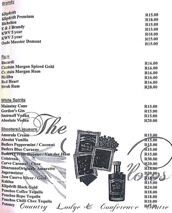 Menu at Willows Country lodge restaurant, Pretoria