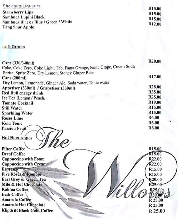 Menu at Willows Country lodge restaurant, Pretoria