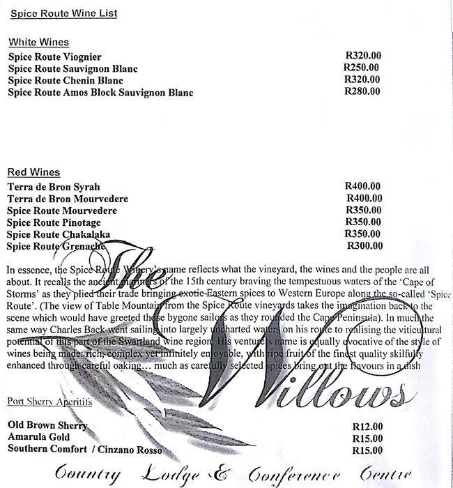 Menu at Willows Country lodge restaurant, Pretoria