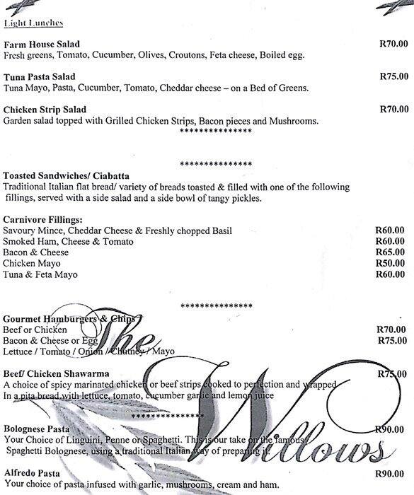 Menu at Willows Country lodge restaurant, Pretoria