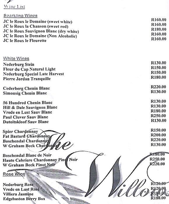 Menu at Willows Country lodge restaurant, Pretoria