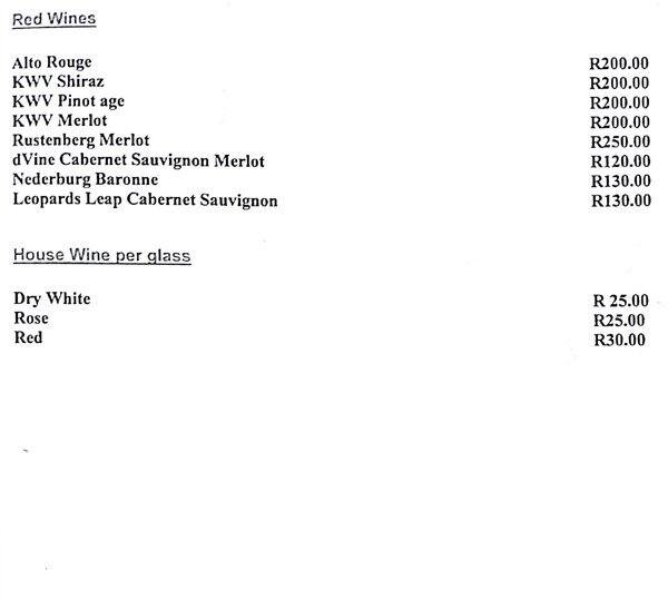 Menu at Willows Country lodge restaurant, Pretoria