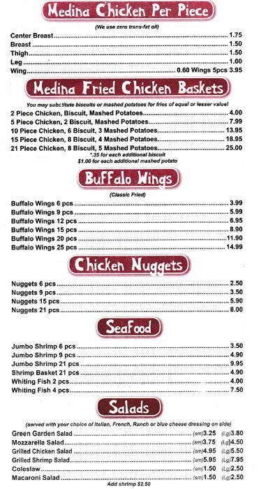 Carta de comida rápida Medina Fried Chicken & Pizza, Nueva York, 101st Ave