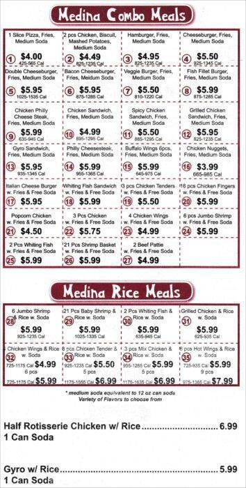Carta de comida rápida Medina Fried Chicken & Pizza, Nueva York, 101st Ave