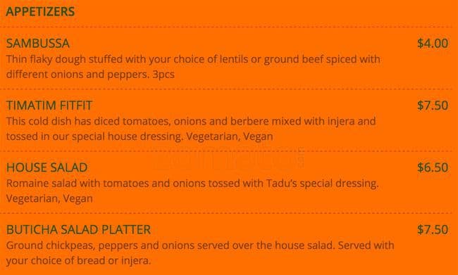 Tadu Ethiopian Kitchen Menu, Menu for Tadu Ethiopian Kitchen, Civic ...